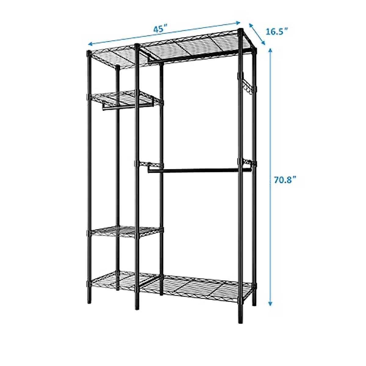 Doredo Metal Clothing Rack with Shelves, Heavy Duty Clothes Racks for Hanging Clothes, Wire Garment Racks for Hanging Clothes with 3 Hanger Rods, 4 Hooks, 45" W x 16.5" D x 70.8" H