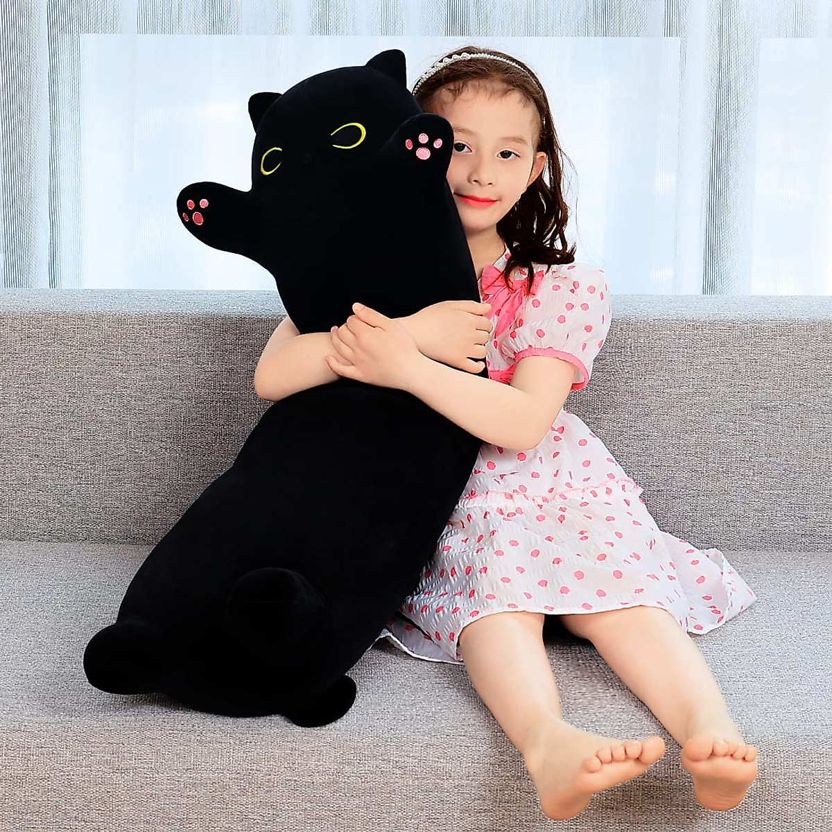 Long Cat Plush Cute Black Cat Stuffed Animals 43inch Soft Plushies Body Pillow Kitten Plush Throw Pillow Kawaii Big Plush Doll Toys Gift for Kids Girlfriend Birthday, 110cm/43.3inch