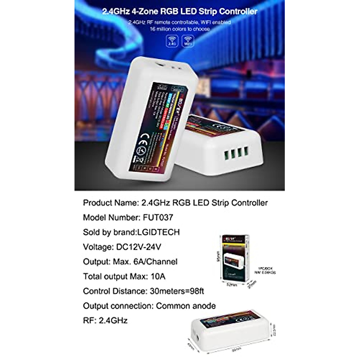 LGIDTECH FUT037 Miboxer RGB LED Strip Light 2.4GHz RF Wireless 4-Zone Controller Receiver Box,Used to 5050 2538 3528 LED Strips Light.Work with FUT096 B3 WL-Box1 Gateway,Compatible with Alexa via hub