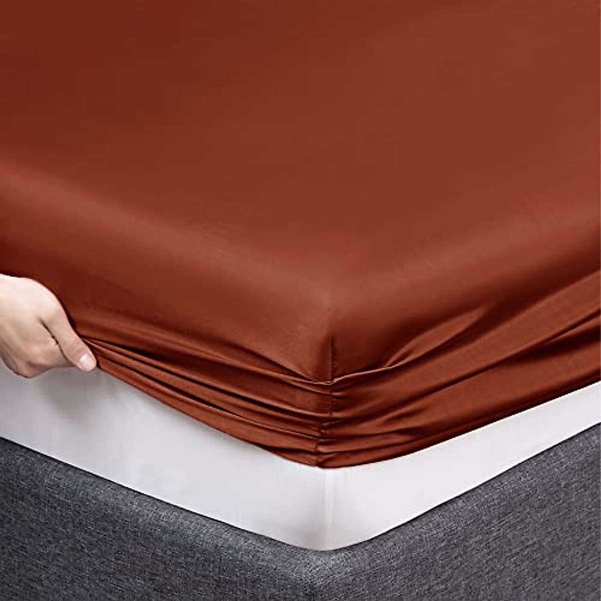 Cotton Home Depot King Size Soft Satin Bed Sheets Burnt Orange Satin Sheet Set, 15" Deep Pocket Fitted Sheet + 1 Flat Sheet + 2 Pillowcases