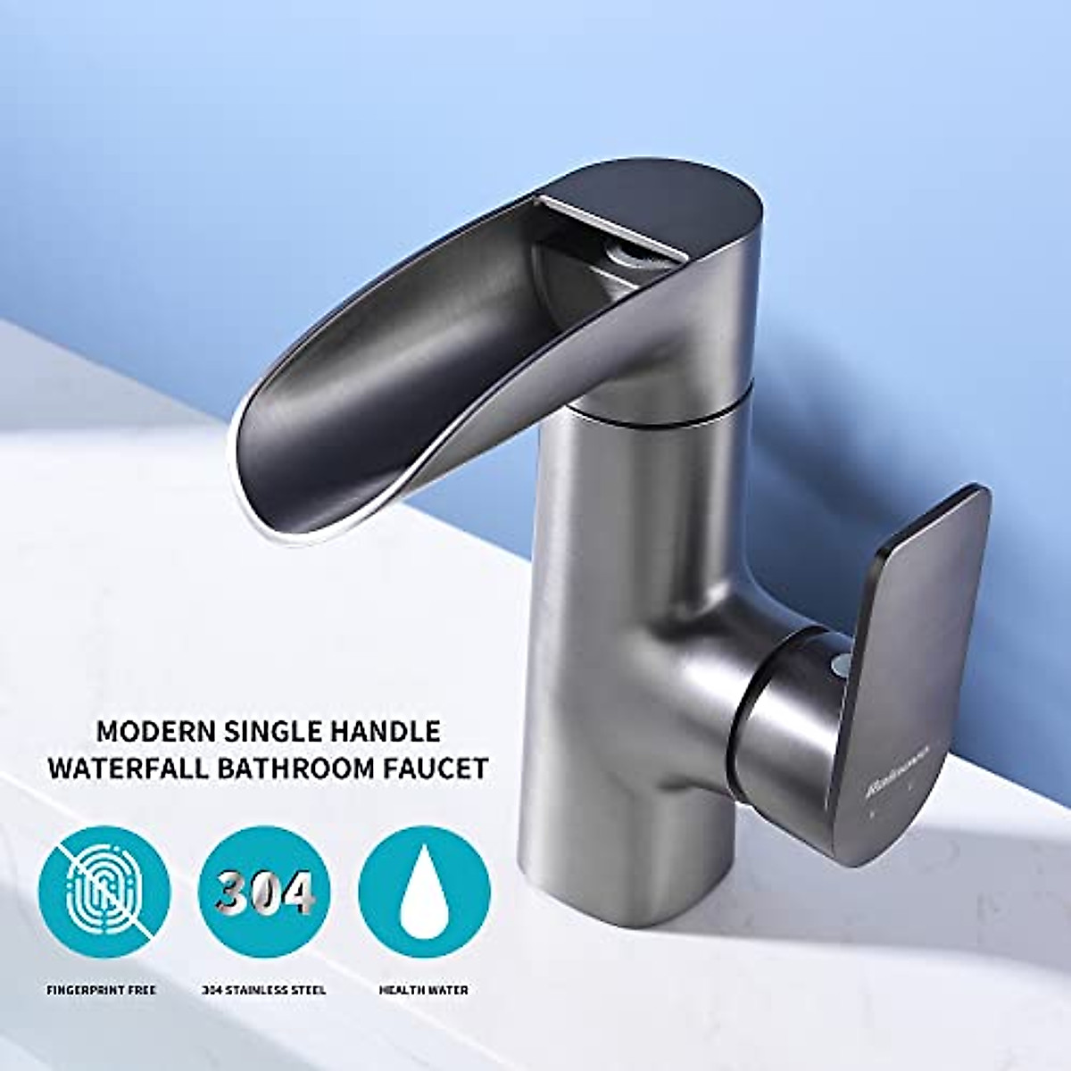 Rainovo Waterfall Bathroom Faucet, Bathroom Faucet with 360° Swivel Waterfall Spout, Single Handle Bathroom Faucet 1 Hole, Single Hole RV Basin Vessel Vanity Faucet, Grey