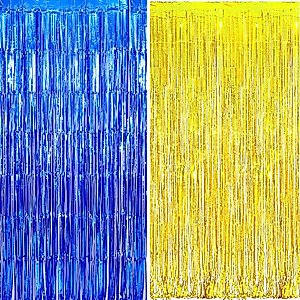 Graduation Party Decorations Navy Blue Gold 2024/Navy Blue Yellow Graduation Decorations Navy Blue Foil Fringe Curtains Graduation Backdrop Metallic Foil Fringes Curtains for Blue Gold Birthday Party