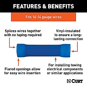 CURT 59422 16-14 Gauge Blue Vinyl-Insulated Wire Butt Connectors, 100-Pack