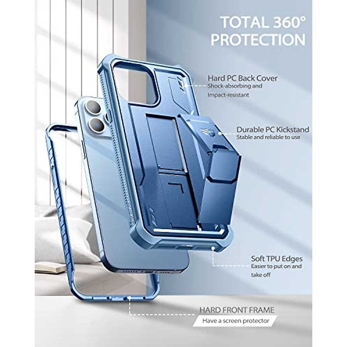 Dexnor for iPhone 13 pro max Case 6.7 Inch 2021, [Built in Screen Protector and Kickstand] Heavy Duty Military Grade Protection Shockproof Protective Cover for iPhone 13 pro max,Sierra Blue