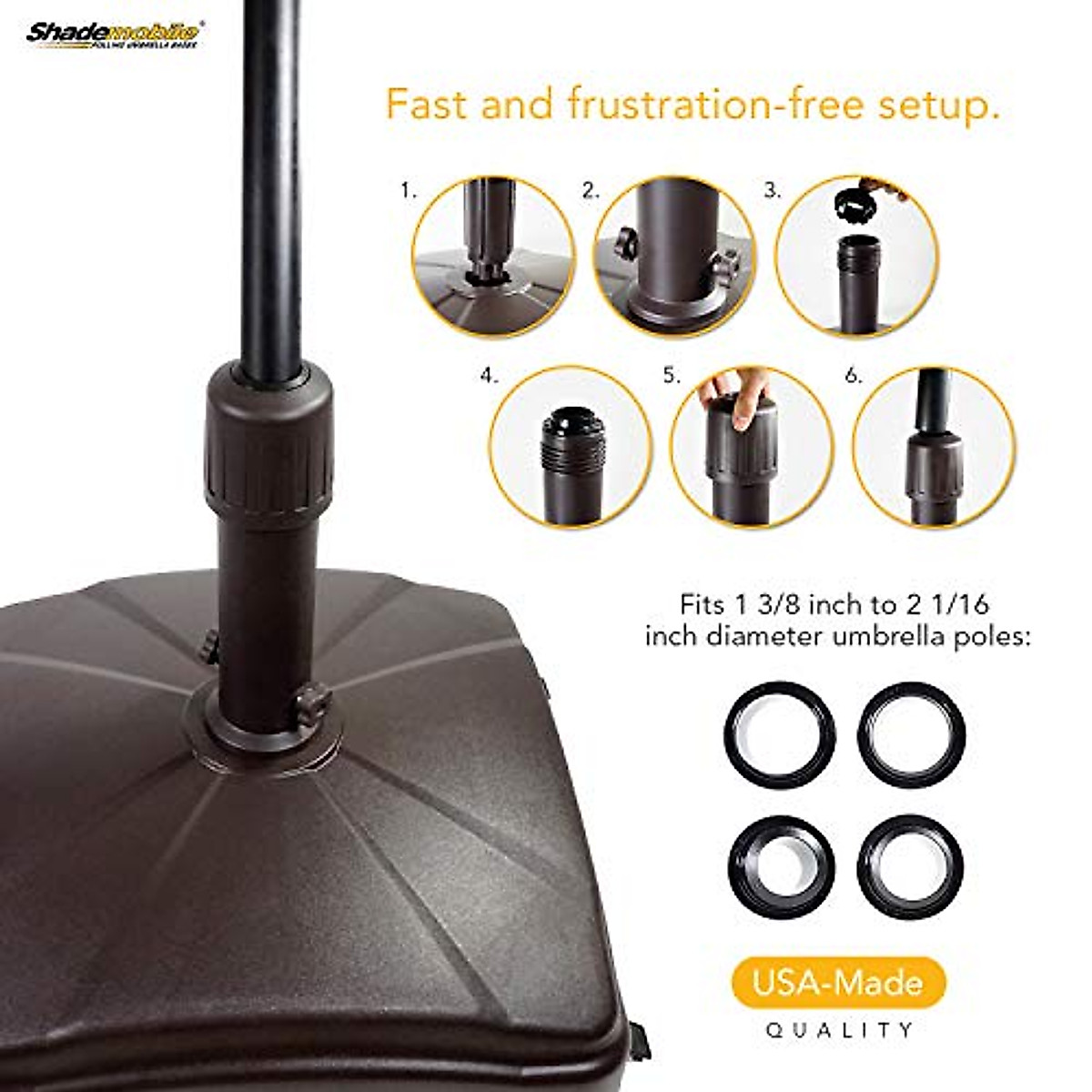 Shademobile Outdoor Umbrella Stand w/ Easy Rolling Base (up to 125lb) Heavy Duty Universal Design for Weighted Commercial Patio & Deck Big Mobile Sun Shade w/ Hidden Wheels | Bronze, Black, Sandstone