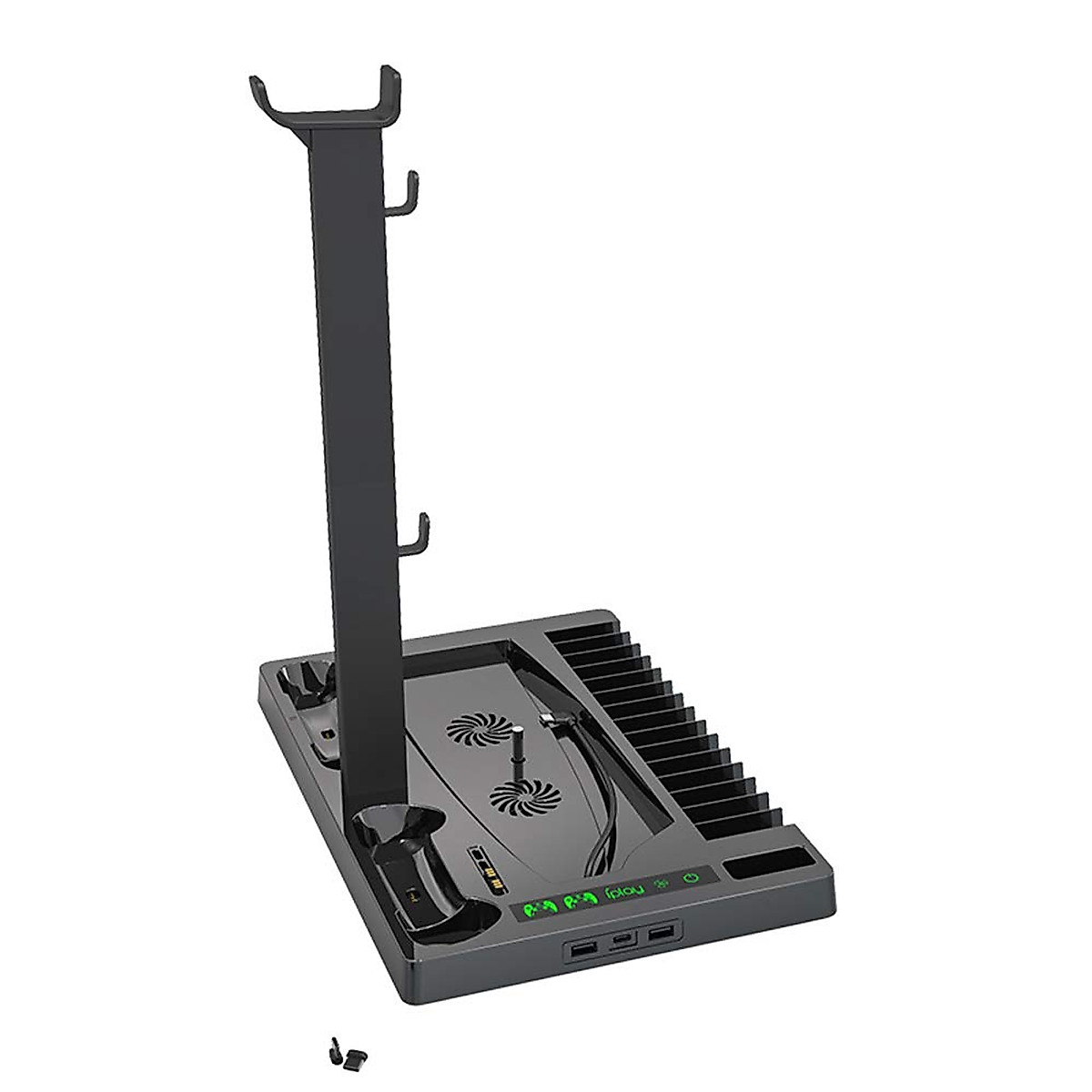 Vertical Stand for Playstation 5 with 2 Cooling Fan, 2 Charging Station for PS5 Digital/CD-ROM Edition Console with 15 Game Storage, 1 Pulse 3D Headset Holder, 1 Media Remote Storage (Black)