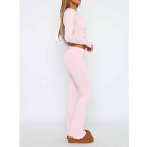 CXINS Women's Solid Color Fold Over Low Waist Pants Flare Leg Workout Leggings Bell Bottoms Bootcut Yoga Pants Pink Size M