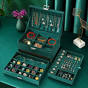 QBestry Jewelry Organizer Box for Women,Green Velvet Jewelry Box 3 Layer Large Jewelry Storage Case with Lock Rings Jewelry Box Organizer for Earrings Necklace Bracelets Storage Box,Green