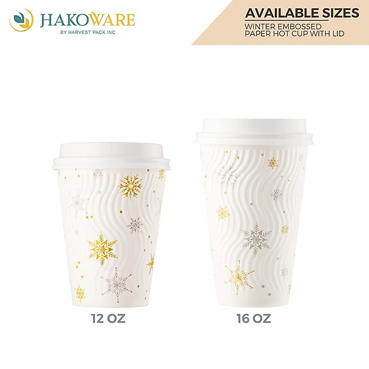 [100 SET]Harvest Pack 12 oz Christmas Coffee Cups, White Snowflake Winter Disposable Paper Cups, Insulated Ripple Wall Paper Cups with Lids, XMAS Gold and Silver Foil, Hot Chocolate To go