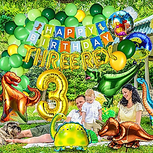 Dinosaur Birthday Party Decorations Supplies, 3 Years Old Boy Birthday Celebration Set Dinosaur Party Balloon Birthday Banner Dino Themed for Kid's Birthday Party, Gold Green