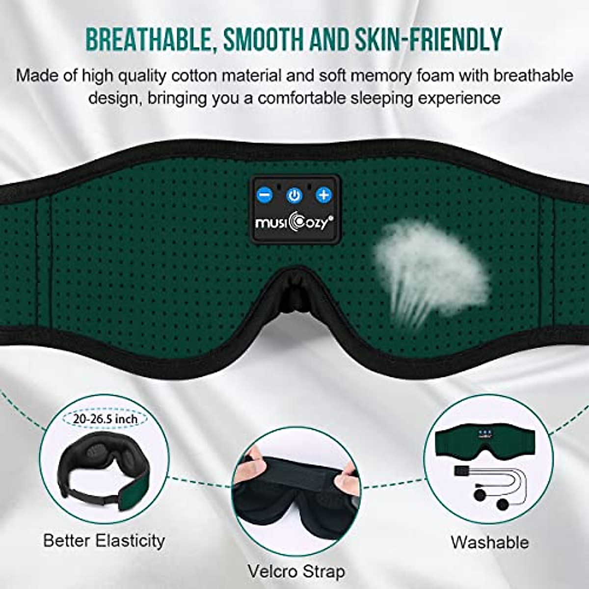MUSICOZY Sleep Headphones Breathable Bluetooth Headband 3D Sleeping Headphones, Wireless Music Eye Mask Sleep Earbuds for Side Sleeper Women,Men Office Air Travel Cool Tech Gadgets Unique Gifts Green