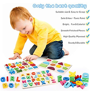 Wooden Puzzles for Toddlers, Kesletney Wooden Alphabet Number Shape Learning Puzzles for Kids, 3 in 1 Montessori Preschool Educational Toys for Boys Girls Ages 3 4 5 Years Old