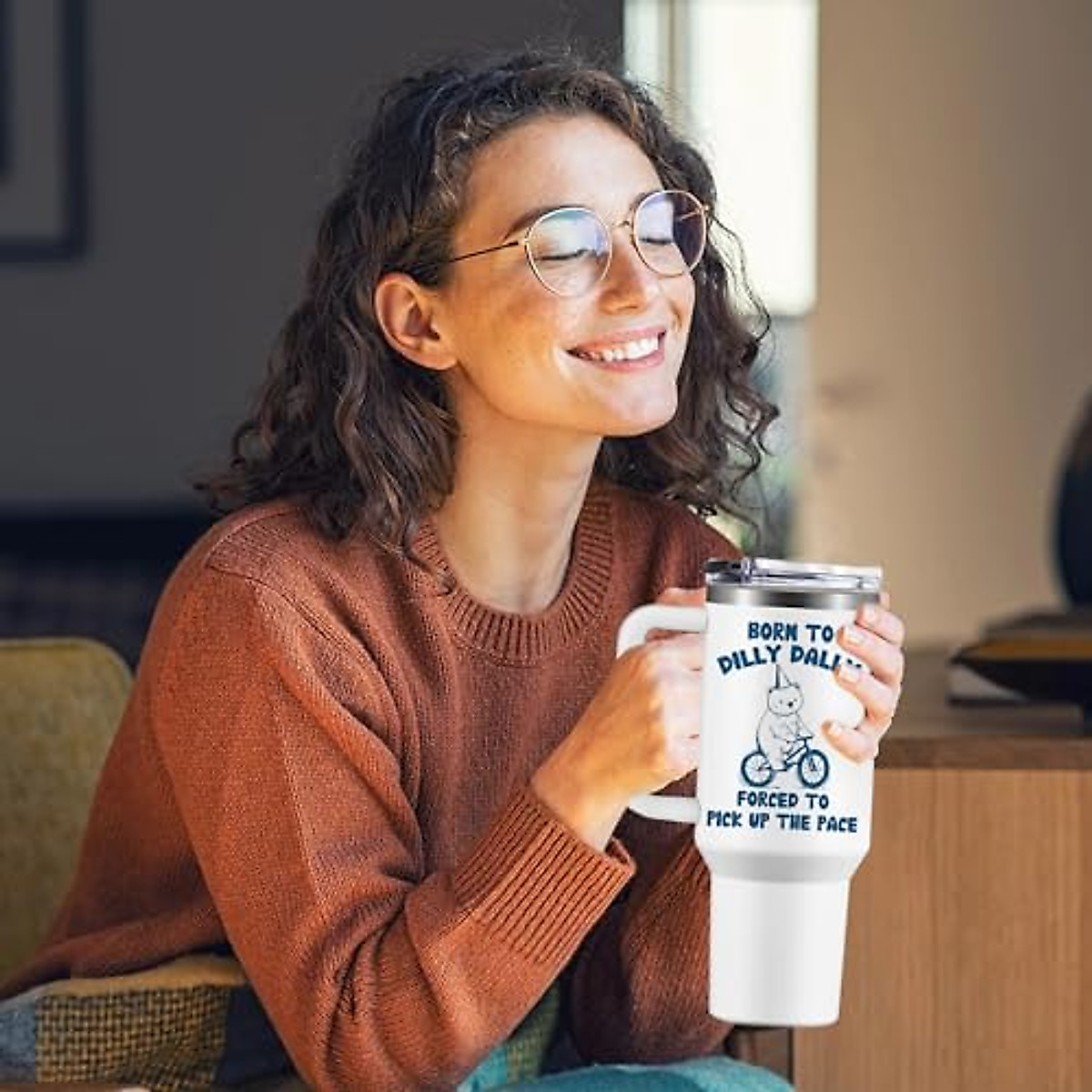 Born to Dilly Dally Forced To Pick Up The Pace, Funny Bear Tumbler with Handle 40oz, Funny Gifts for Women Men Coffee Mug, Birthday Christmas Gifts for Best Friends Coworker Sister Insulated Cup