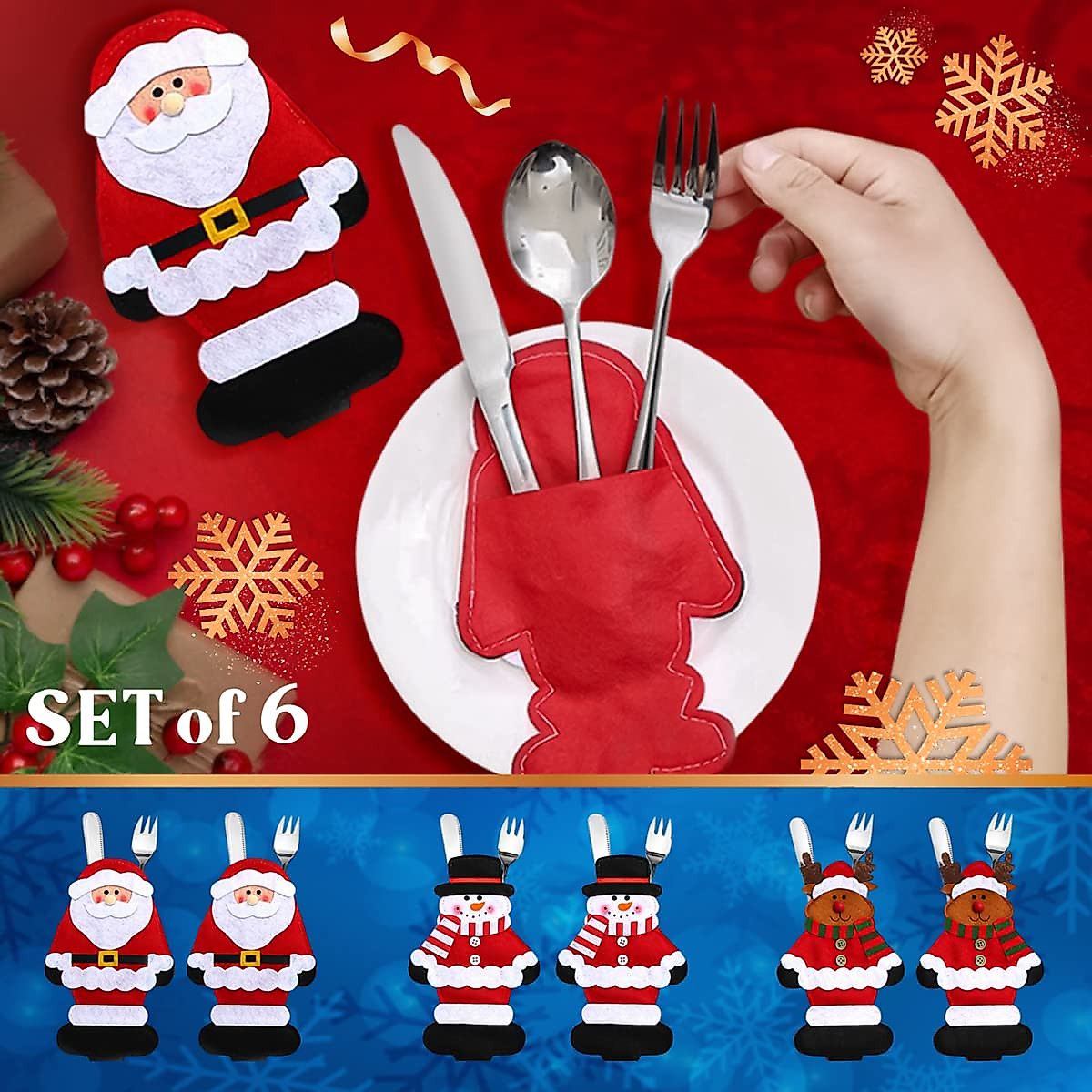 Christmas Silverware Holders Pockets Knifes Forks Bag Snowman Santa Claus Elk Christmas Party Decoration for Children 6pcs