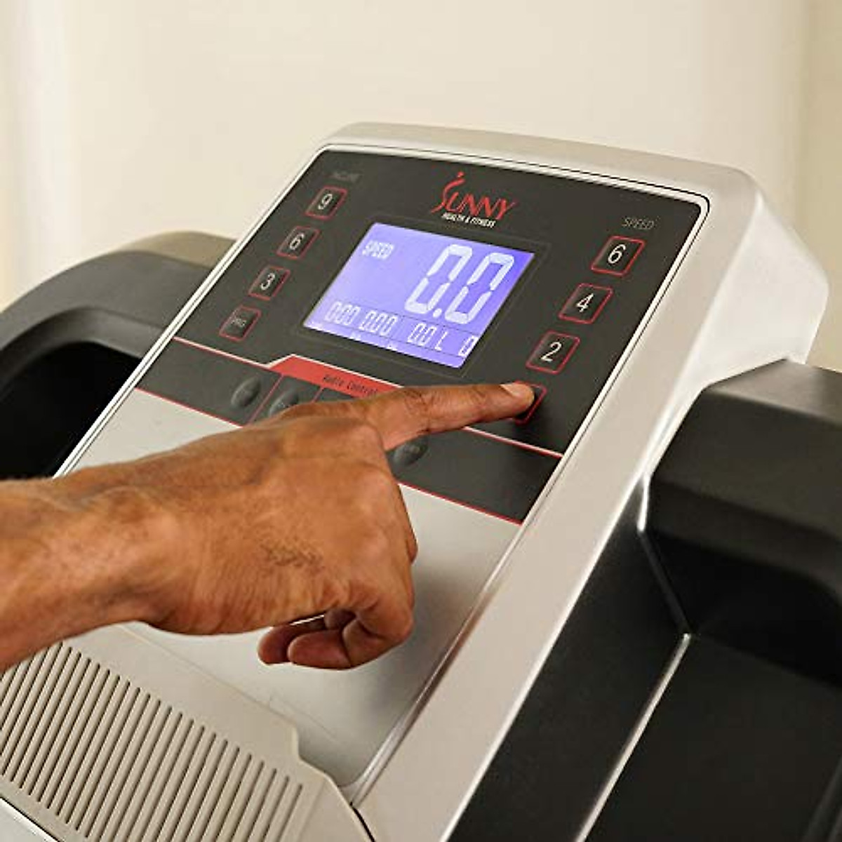 Sunny Health & Fitness Folding Treadmill for Home Exercise with 265 LB Capacity, Device Holder, Bluetooth Speakers and USB Charging - SF-T7917, Gray