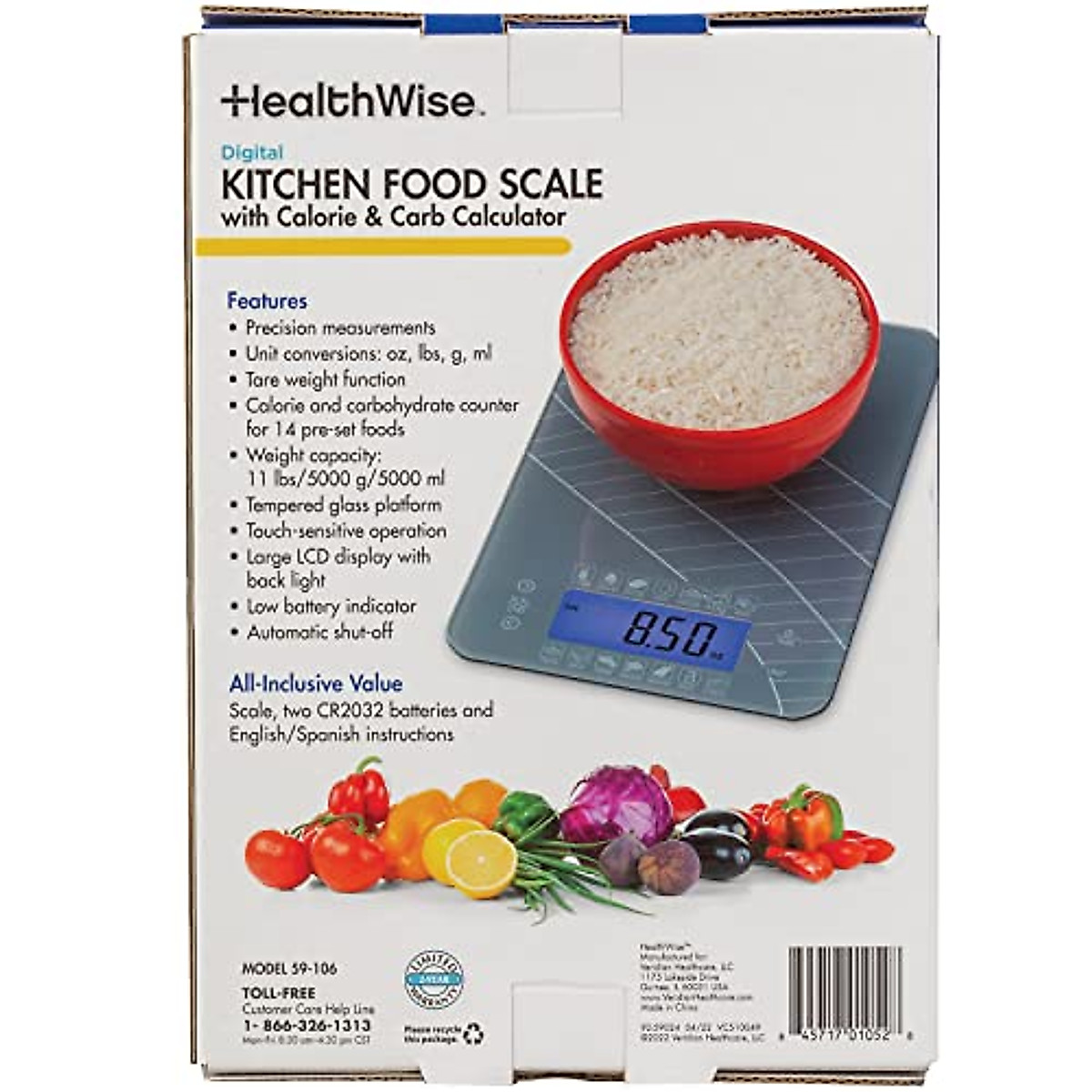 HealthWise Digital Kitchen Food Scale with Calorie & Carb Calculator Tempered Glass | Precision Measurements | Unit conversions: oz, lbs, g, ml | 14 pre-Set Foods, Gray (59-106)