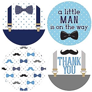 Little Man Baby Shower Thank You Stickers - Mustache, Suspenders, It's a Boy, 1.75 in - 40 Labels