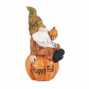Topadorn Fall Garden Gnome Figurine Sitting on Pumpkin Statue Autumn Harvest Garden Gnomes Statue Figurine for Patio Yard Lawn Porch Decoration，Happy Fall