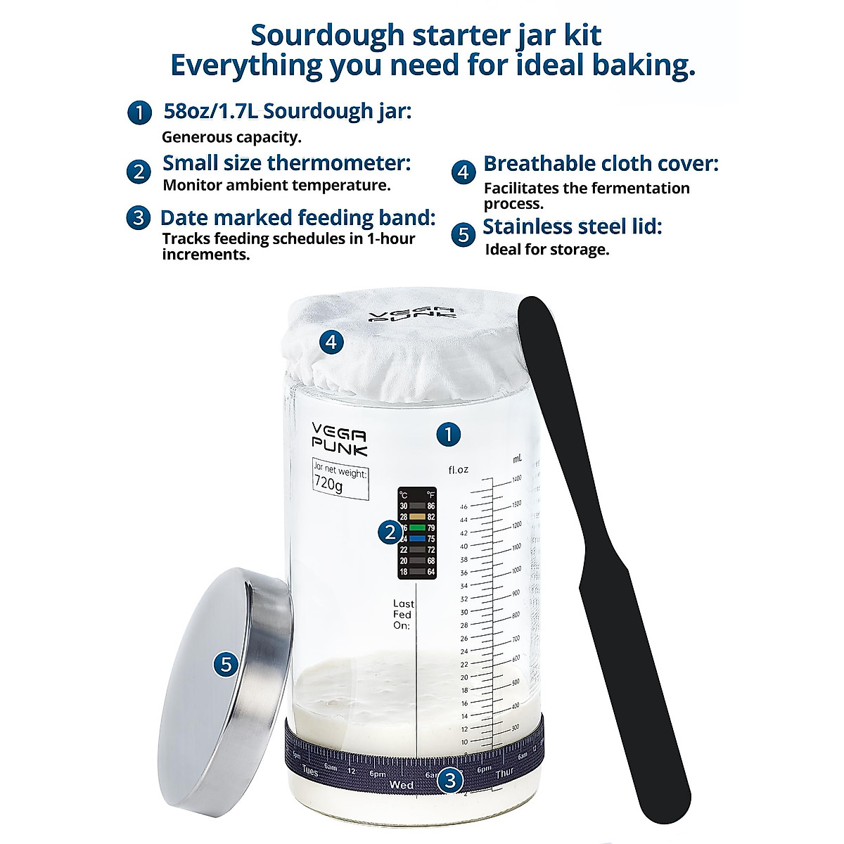 Vegapunk 58oz Sourdough Starter Jar Glass Kit - Wide Mouth Container/Crock with Lid for Bread Starter - Large Mason Jar with Date marked Feeding Band for Sourdough Starter