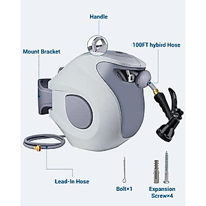 DEWENWILS Retractable Garden Hose Reel, 1/2"×100ft Wall Mount Hose Reel, with 7-Pattern Spray Nozzle, Any Length Lock, 180°Swivel Bracket, Auto Rewind Hybrid Water Hose Reel for Outdoor Watering
