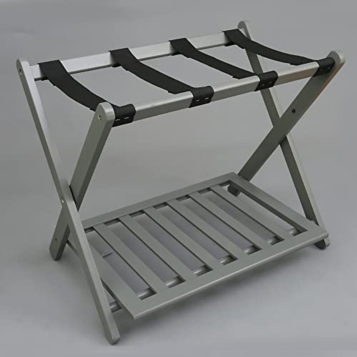 Casual Home Hotel Style Solid Pine Wooden Folding Luggage Rack with Bottom Shoe Storage Shelf for House Guests or Travel, Gray