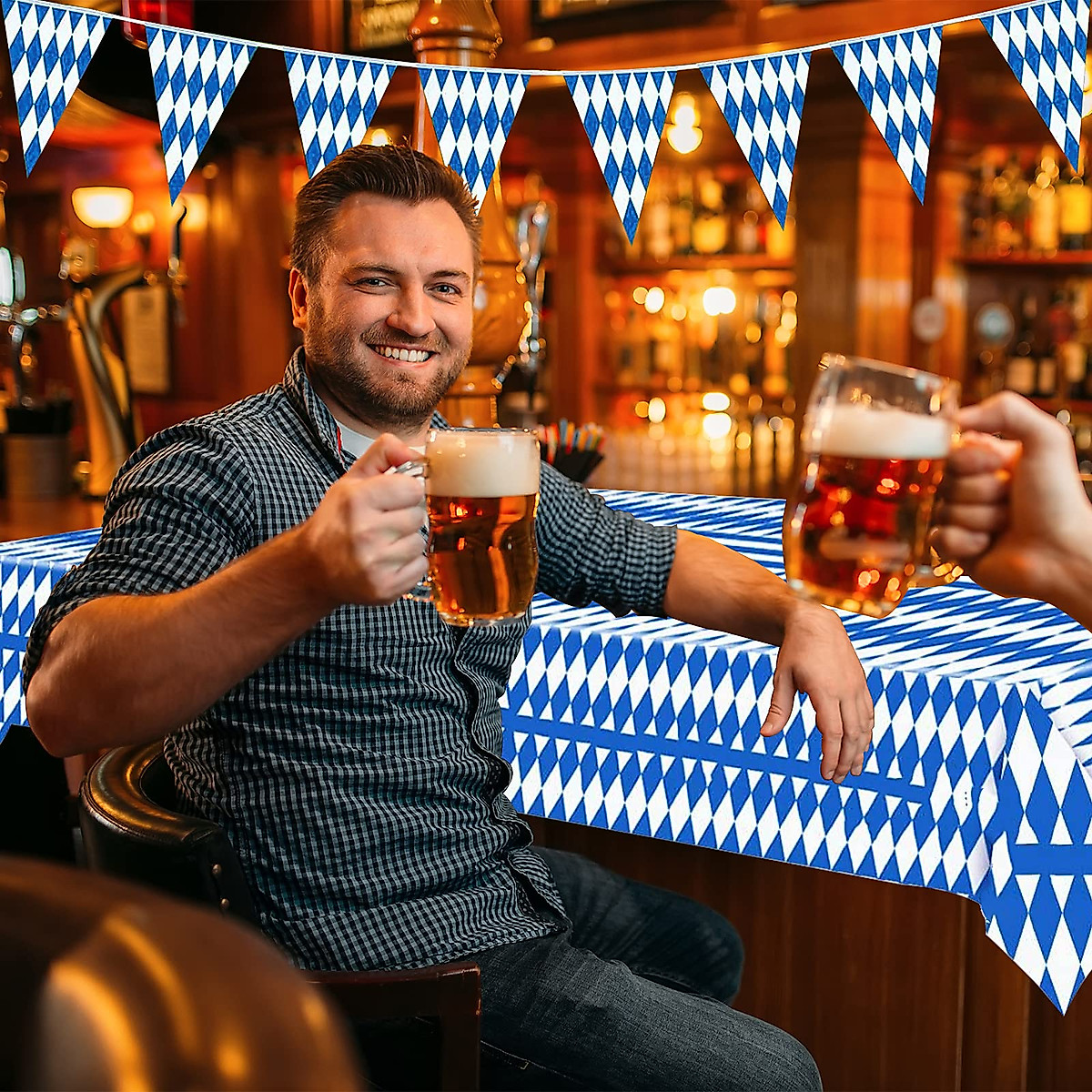 Oktoberfest Table Cloth Pennant Decorations, Plastic Blue White Diamond Table Cover Banners For Oktoberfest Bavarian Beer Festival Indoor Outdoor Party Decorations