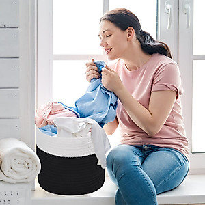 BNDSKLAI Cotton Rope Storage Baskets 11 x 11 x 9 inches, Cube Shelf Storage Organizer for Laundry, Towel, Clothes, Books, Shelves(White/Black, 1Pack)