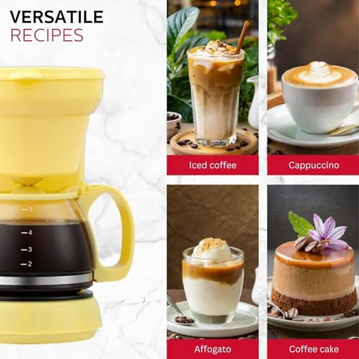 Holstein Housewares - 5 Cup Drip Coffee Maker - Convenient and User Friendly with Permanent Filter, Borosilicate Glass Carafe, Water Level Indicator, Auto Pause/Serve and Keep Warm Functions,Yellow