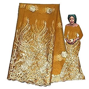 African Lace Fabrics 5 Yards Nigerian French Lace Fabric Blue with Sequins Flower Fashion Embroidered Beading and Sequin for Wedding Party Dresses (Yellow)