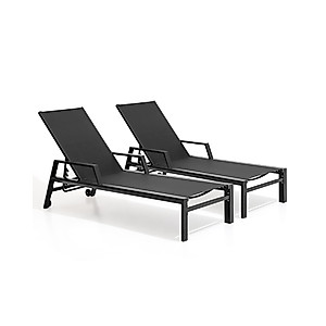 Crestlive Products Outdoor Lounge Chair with Wheels and Armrest, Extra Large Pool Lounge Chairs Set of 2, Aluminum with Adjustable 5 Backrest for Outside, Patio, Beach, Yard