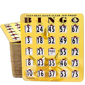MR CHIPS Jam-Proof Easy-Read Quick-Clear Large Print Fingertip Slide Bingo Cards with Sliding Windows 25 Pack in Gold Rush Style