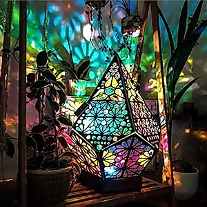Bohemian Wooden Floor Lamp, Hollow Geometric Retro Floor Decorative Lamp, USB LED Colorful Diamond Lights 3D Projection Night lamp Desk Lamp Home Decor