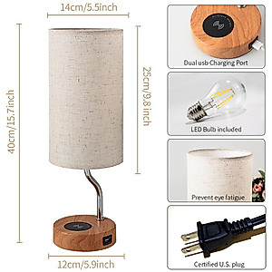 Bedside Table Lamp with Wireless Charger & USB Port - Touch Control LED Desk Lamp for Bedroom, 3-Way Dimmable Wooden Nightstand Lamp with Fabric Shade for Living Room, Kid's Room, Dorm, or Office