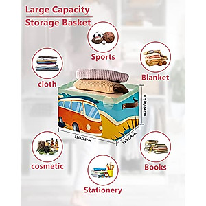 Summer Travel Storage Bin for Shelves with Leather Handles, 15 X 11 X 9.5 Inches Waterproof Storage Bins for Clothes Toy Blanket Books Organizers Storage Tropical Palm Trees and Seaside Bus