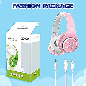 Woice Kids Bluetooth Headphones 85db/110db Volume Limit Wireless/Wired Aux Port Foldable Noise Protection Over-Ear Build-in Mic Headphones for Kids Adults Travel School Phone Pad Tablet PC Pink