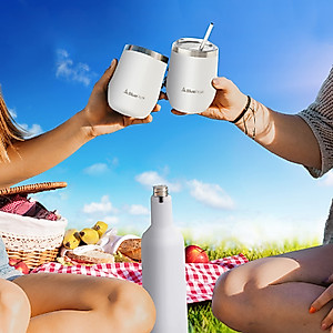 BluePeak Double Wall Vacuum Stainless Steel Insulated Wine Tumbler Set, 3-Pack - Includes Spill-Proof Sliding Lids, Straws, Cleaning Brush, Silicone Funnel & Gift Box - Travel Drinking Set (White)