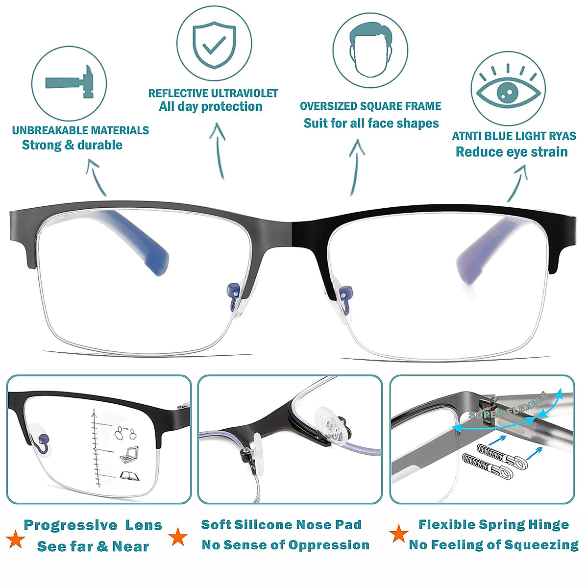Bifocal Reading Glasses for Men, No Line Bifocals Progressive MultiFocus Readers, Wide Clear Top Transition Non Prescription Multifocal Eyeglasses,Large Anti Blue Light Multi focals Half Frame +1.75