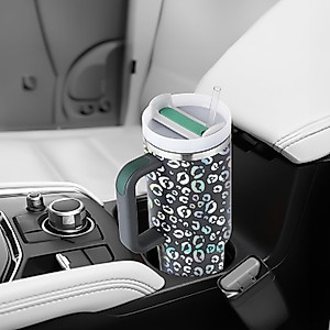 Ochapa 40 oz Tumbler with Handle Leopard Straw Lid Insulated Stainless Steel Vacuum Reusable Cup Holder Friendly Keep Drinks Cold Gifts for Women Lover Car Gym Travel, Cheetah Gray
