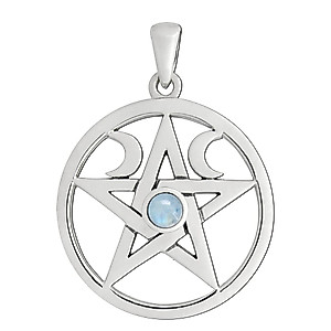 Triple Moon Pentagram Pendant - Sterling Silver Wiccan Pagan Moonstone Pentacle Charm