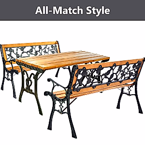 S AFSTAR Outdoor Garden Bench, Outside Porch Loveseat with Rose Cast Backrest & Stable Metal Legs, 2-3 Person Park Bench, Weather Proof Outdoor Bench for Patio Garden Backyard Poolside