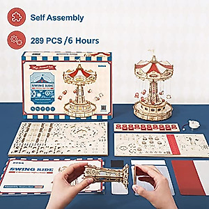 ROKR 3D Puzzles Wooden Music Box Kit with LED, Rotating Swing Ride Mechanical Model Kit DIY Wood Craft Hobbies Kit for Adults Birthday for Boys/Girls