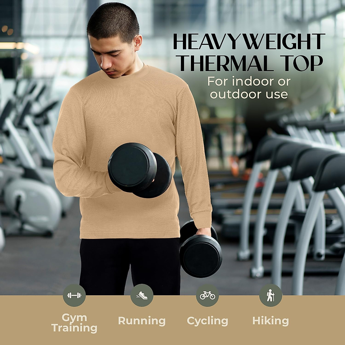 JMR Men's Thermal Shirt Heavy Weight Long Sleeve Waffle Crew Neck Top Underwear, Colors, Sizes (Khaki, 3X-Large)