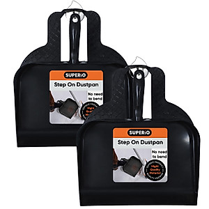 Superio Heavy Duty Plastic Step-on Dustpan with Comfort Grip Handle Black, Durable, Lightweight Multi Surface Dust Pan Easy Broom Sweeping, 10-inch Wide, 2-Pack