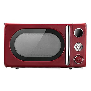 Retro red microwave oven with child safety lock, LED display, chrome handle design, environmental protection mode, 0.7 cubic feet capacity (Red)
