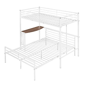 ATY Metal Bunk Beds Twin Over Full Size, L Shaped Steel Bedframe w/Desk & Built-in Ladder and Full-Length Guardrail, No Box Spring Needed, White