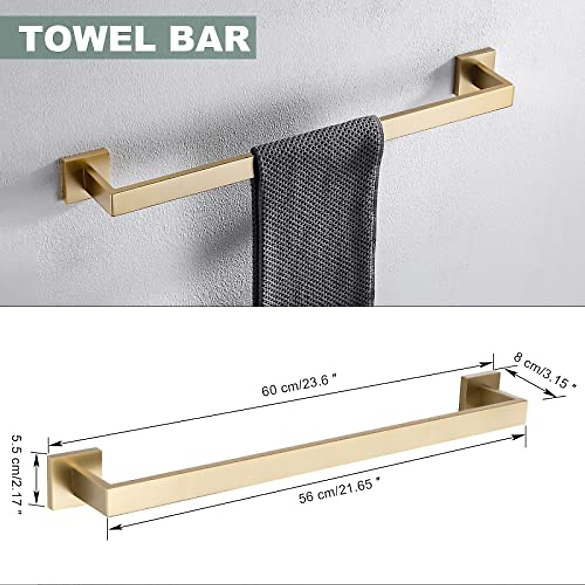 Brushed Gold Bathroom Towel Bar Sets Premium Stainless Steel 4-Piece Bathroom Hardware Set Wall Mounted Square Bathroom Accessories Kit
