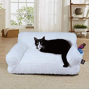 FORMYCATIE Pet Couch Bed, Washable Cat Beds for Medium Small Dogs & Cats up to 25 lbs, Soft Calming Cat Sofa Beds for Indoor Cats Anti-Slip Bottom，Fluffy Cat Couch (White)