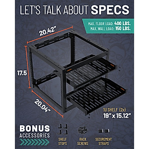 ECHOGEAR 10U Network Rack - Wall Mountable Heavy Duty 4 Post Design Holds All Your Networking & AV Gear - Open Frame Design Includes 2 1U Vented Shelves & Mounting Hardware