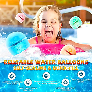 Hiliop 16PCS Reusable Water Balloons for Kids, Splash Refillable Water Balloons Bombs Self Sealing Quick Fill Magnetic with Mesh Bag