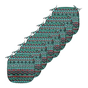 Ambesonne Tribal Chair Seating Cushion Set of 8, Hand Drawn Design Geometric Pattern with Sharp Shapes and Stripes, Seat Pads for Office with Anti-Slip Backing, 16"x16", Red Blue Teal